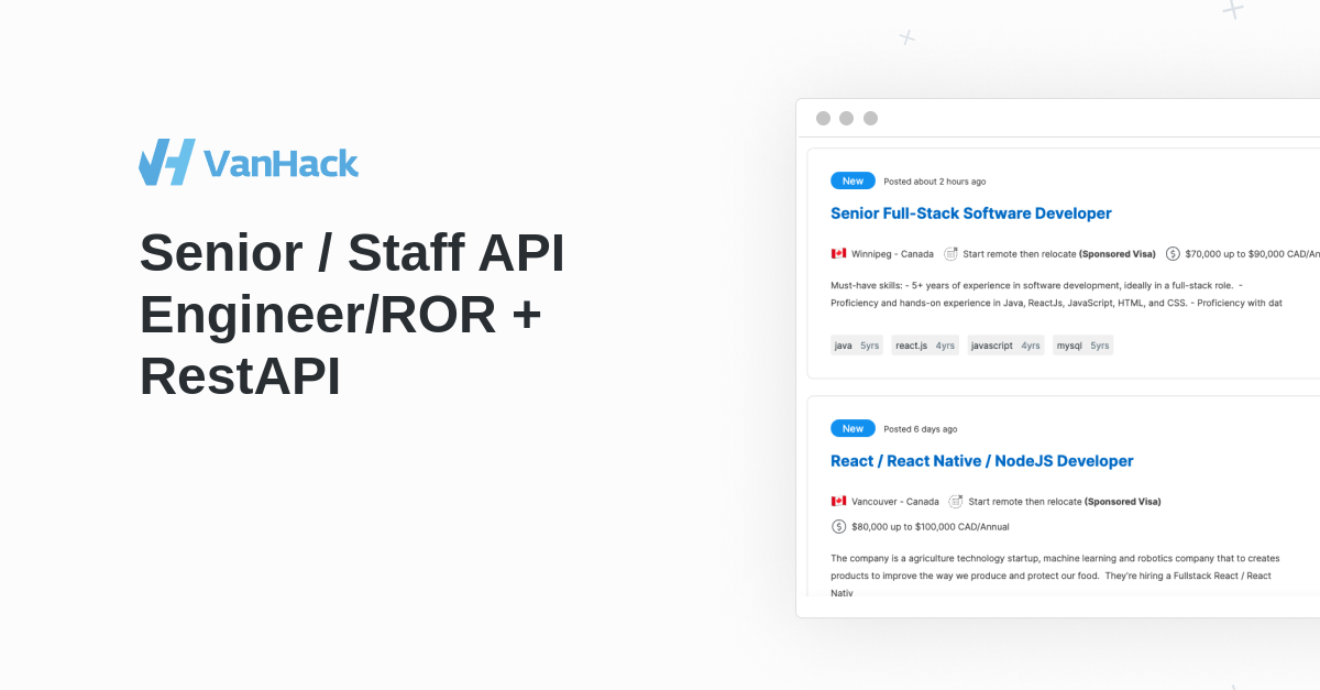 Senior / Staff API Engineer/ROR + RestAPI - VanHack